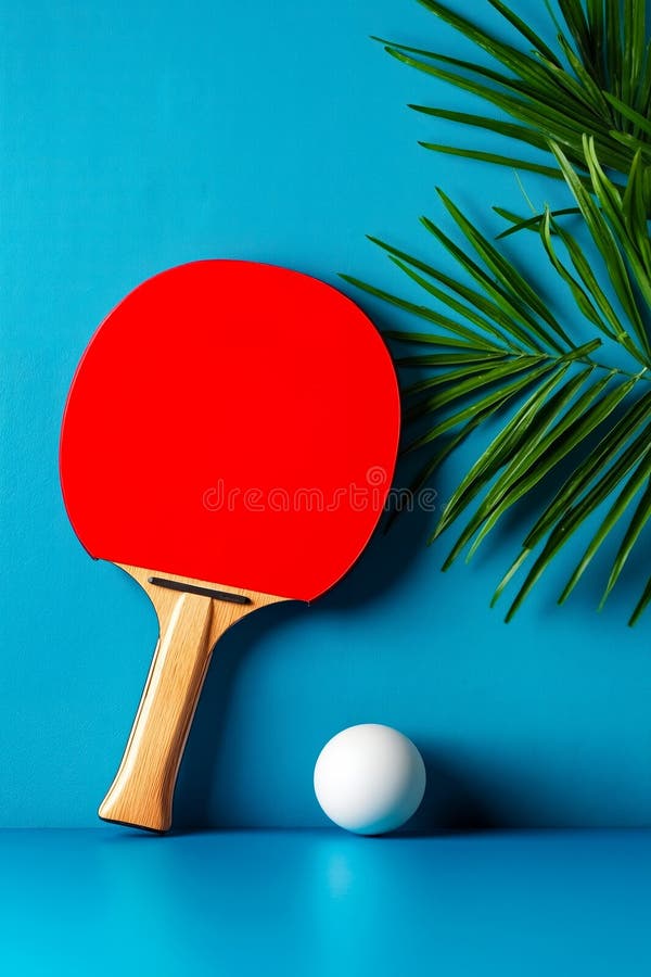 A Ping Pong Paddle and a White Ball on a Blue Surface Stock Image ...