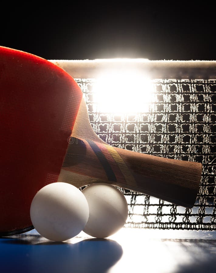 Ping Pong Rackets and Balls on a Blue Table with Net Stock Photo ...