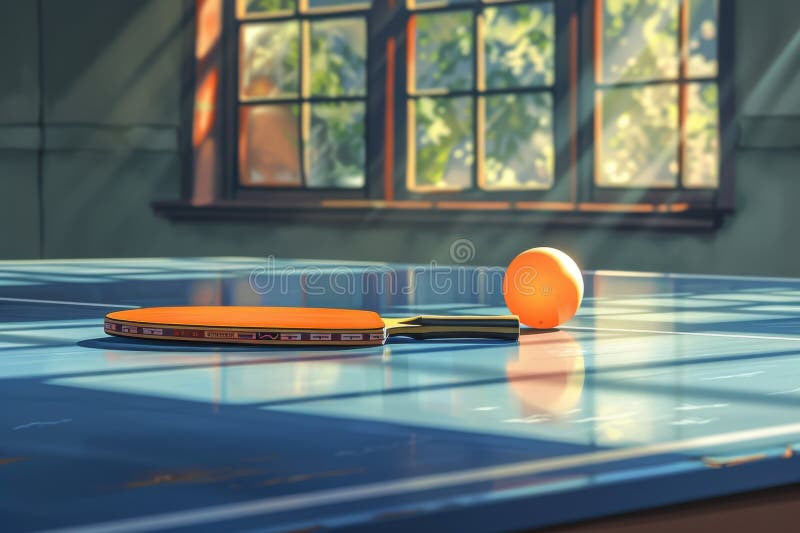 A Ping Pong Table with a Ball and a Paddle on it Stock Image - Image of ...