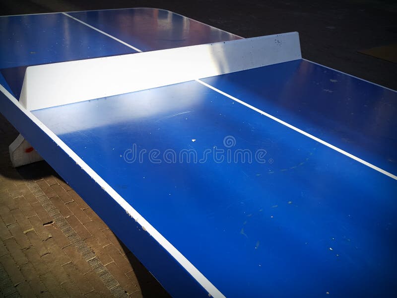Ping pong table stock photo. Image of scuffed, blue, interior - 89457080