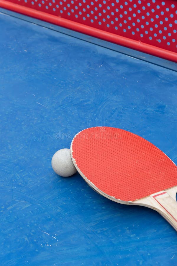 Pingpong Racket Ball Net Blue Table Vertical Composition Stock Photos ...