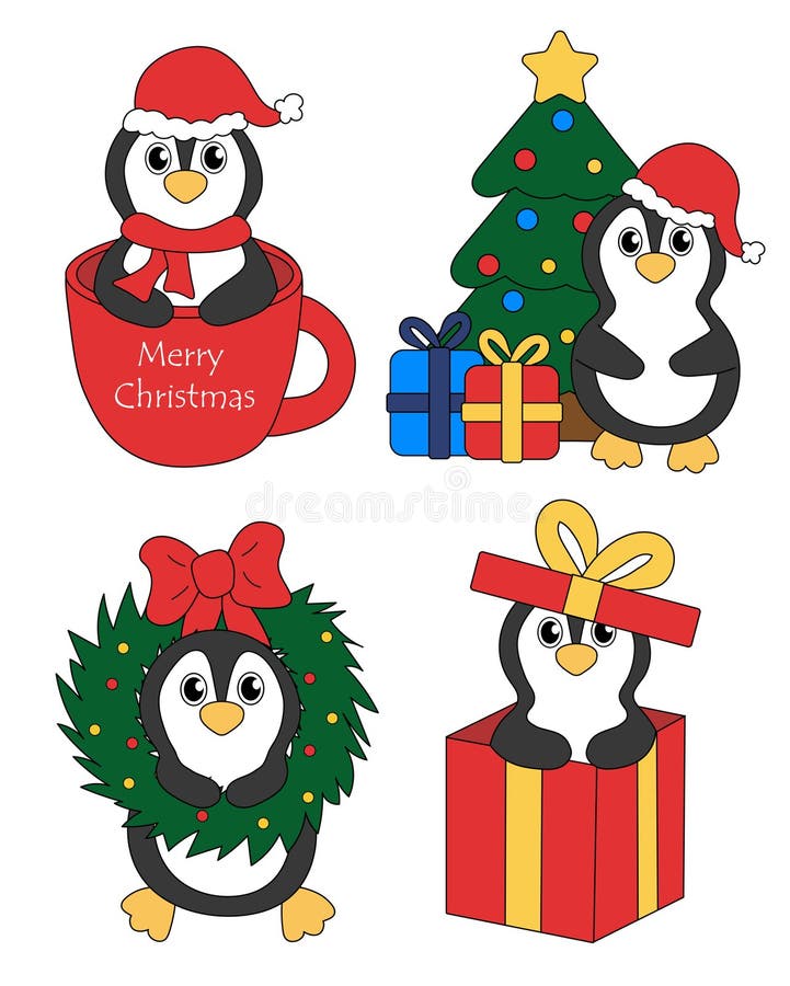 Set of Cartoon Christmas and New Year Penguin Characters. Cute Penguins ...