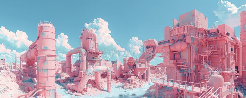 A Pink, Abandoned Industrial Building with Blue Water and a Blue Sky ...