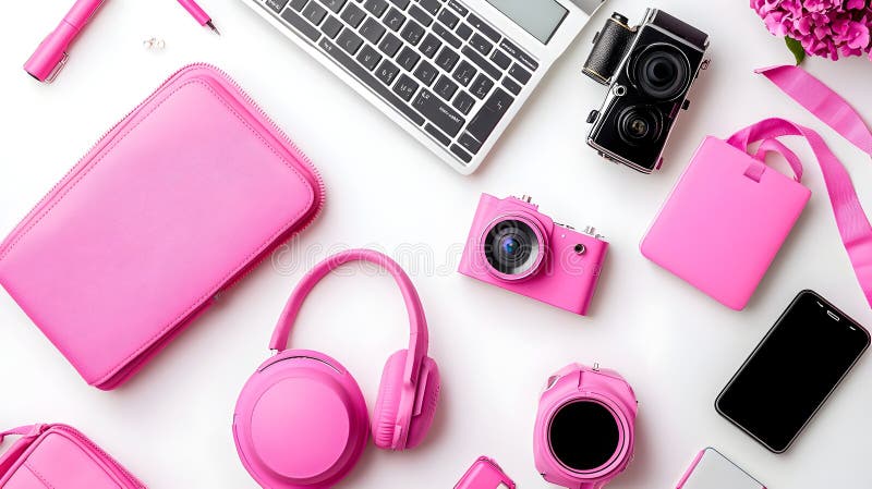 Pink Tech & Accessories Flatlay Stock Image - Image of digital ...