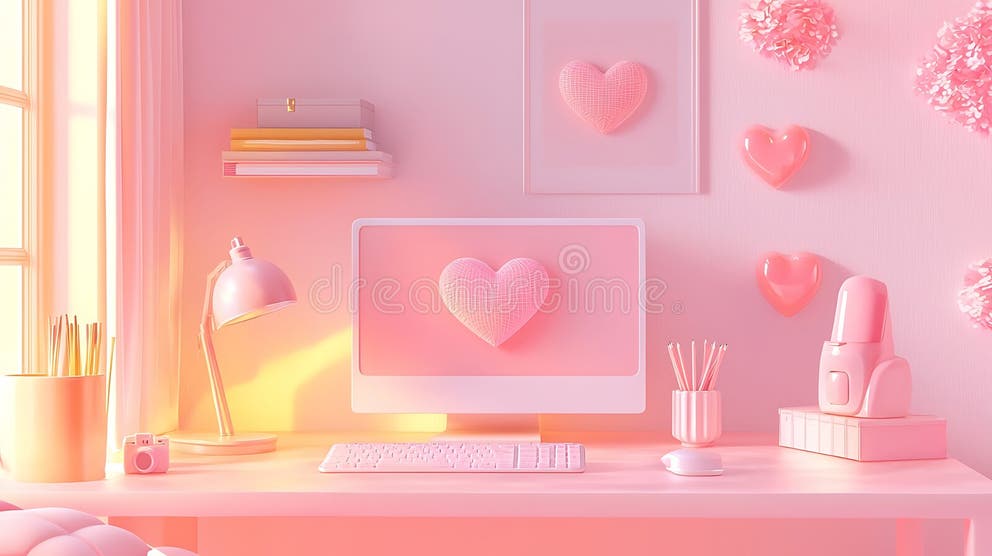 Pink Aesthetic Workspace with Heart Decorations Stock Illustration ...