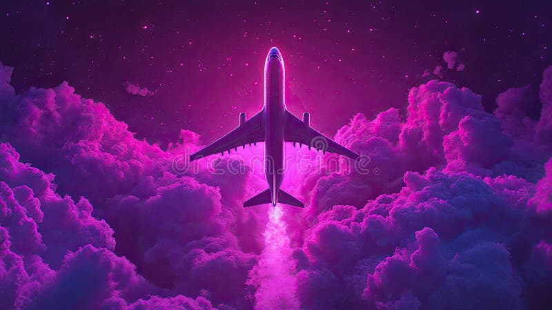 Pink Airplane Flying through Clouds at Night Stock Illustration ...