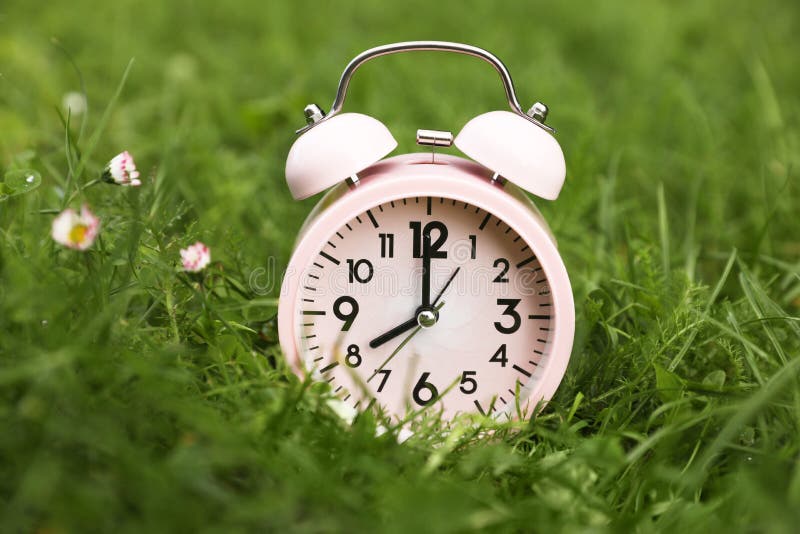 Pink Alarm Clock on Green Grass Outdoors, Closeup Stock Photo - Image ...
