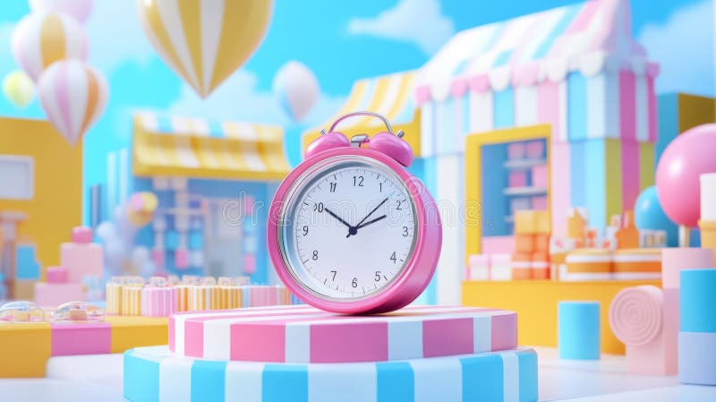 Pink Alarm Clock on a Striped Platform in a Cartoon Town Stock ...