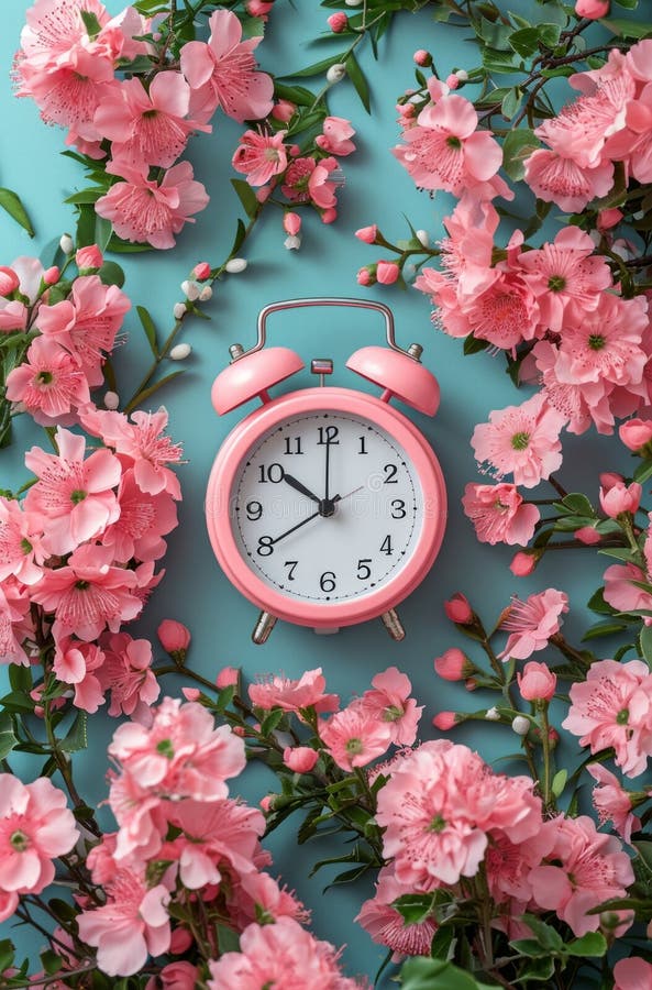 Pink Alarm Clock Surrounded by Blooming Flowers on Blue Background ...