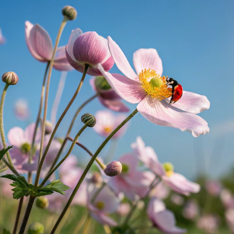 Pink Anemones and Ladybug in Spring Nature Stock Illustration ...