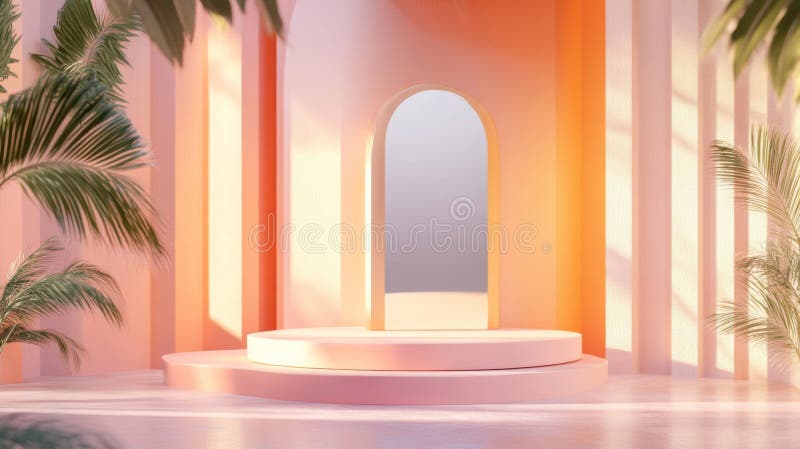 Pink Archway and Platform with Palm Leaves Stock Illustration ...