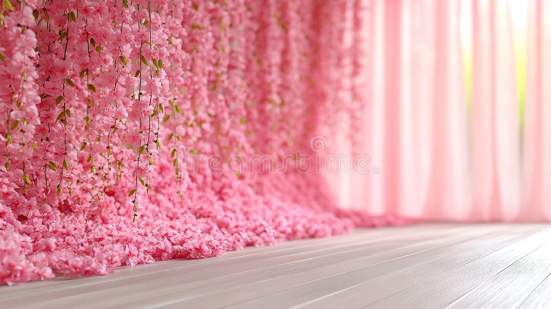Pink Artificial Flower Backdrop with Wooden Floor and Sheer Curtain ...