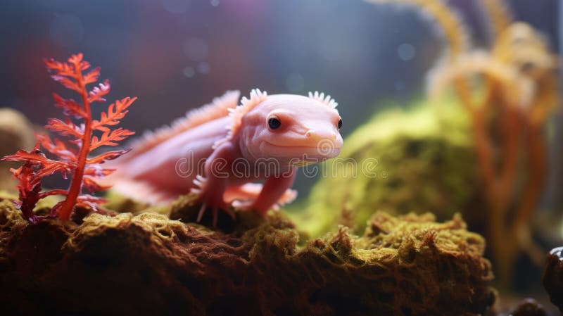 A Pink Axolotl in an Aquarium with Plants and Algae, AI Stock Image ...