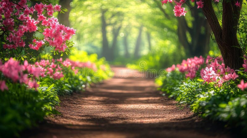 Pink Azaleas Line a Sunlit Forest Path Stock Illustration ...
