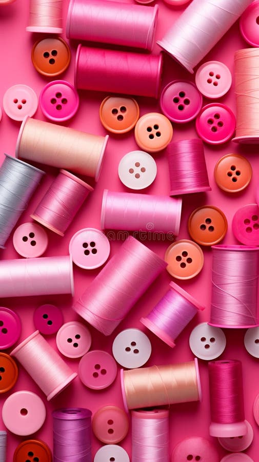 Pink Backdrop with Colorful Thread Spools and Buttons, Top View Stock ...