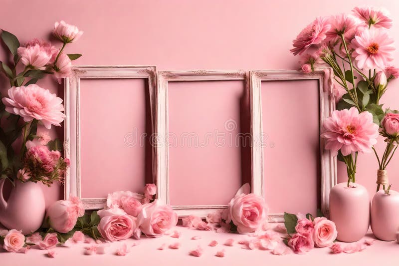 Pink Backdrop with Two Frames and a Lovely Bunch of Flowers Stock ...