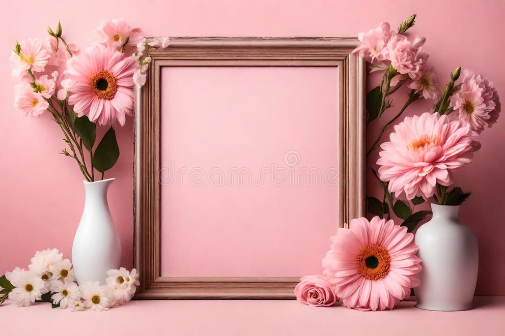 Pink Backdrop with Frames and a Lovely Bunch of Flowers Stock ...