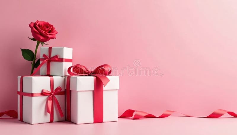 Pink Backdrop, White Gift Boxes, Red Ribbons, Rose , Illustration ...