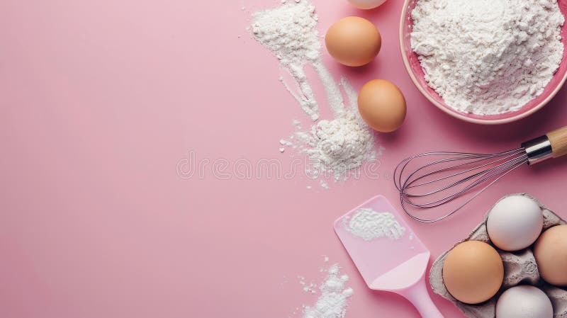 Pink Background for Baking, Flour, Eggs, Whisk, Cake Spatula. Empty ...