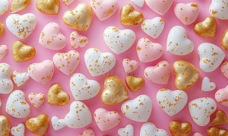 A Pink Background Filled with Golden and White Coloured Hearts Stock ...
