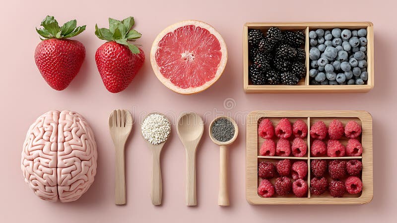 Pink Background Flatlay of Brain Model with Fresh Berries, Grapefruit ...