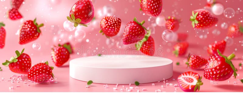 Pink Background with Floating Strawberries and Round Platform Stock ...