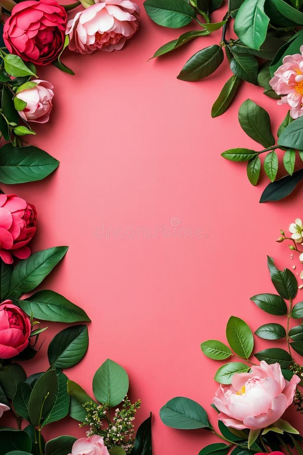 A Pink Background with Pink Flowers and Green Leaves Stock Photo ...