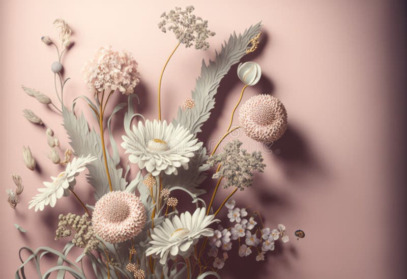 Pink Background with Flowers and Leaves in Pastel Tones 5 Stock ...