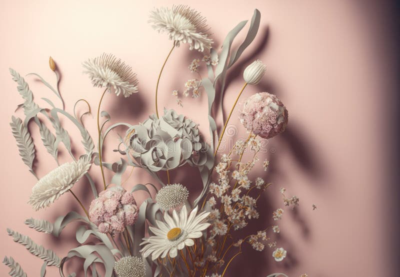 Pink Background with Flowers and Leaves in Pastel Tones 9 Stock ...