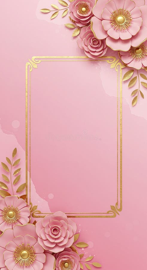 A Pink Background with a Golden Frame and Pink Flowers and Leaves ...