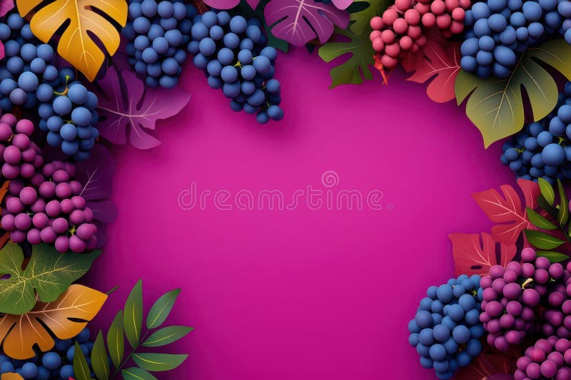 Pink Background with Grape Clusters and Tropical Leaves for a Summery ...