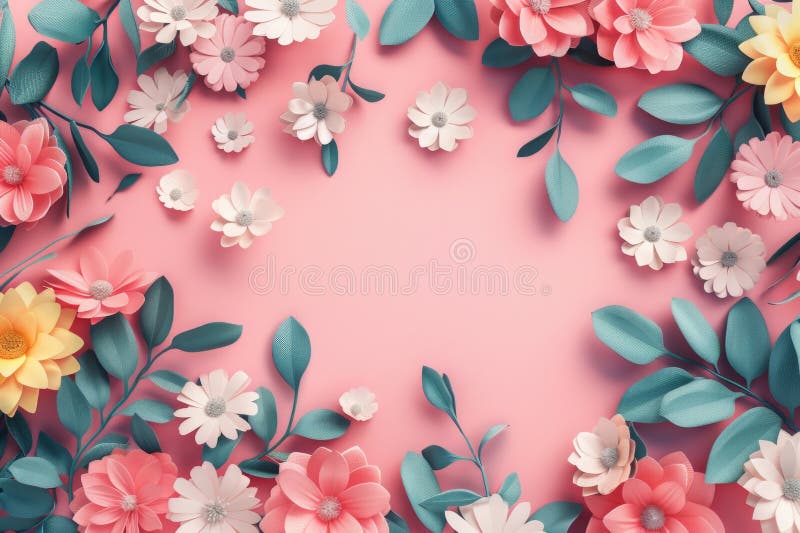 Pink Background with Paper Flowers and Leaves, Suitable for Various ...