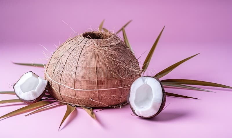 A Pink Background with Two Coconuts and One Cut in Half and a Whole ...