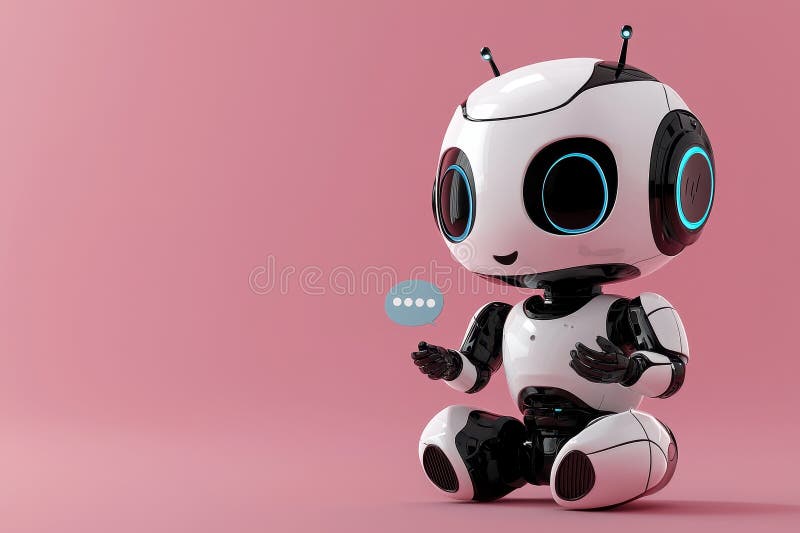 On a Pink Background, a White Robot Remains Seated, Alongside a Pink ...