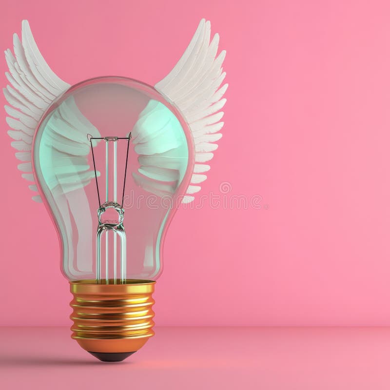 On a Pink Background, a Winged Light Bulb Illustrates the Idea of ...