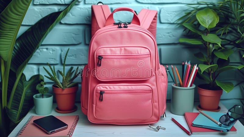 Pink Backpack Against Brick Wall with Plants and School Supplies Stock ...