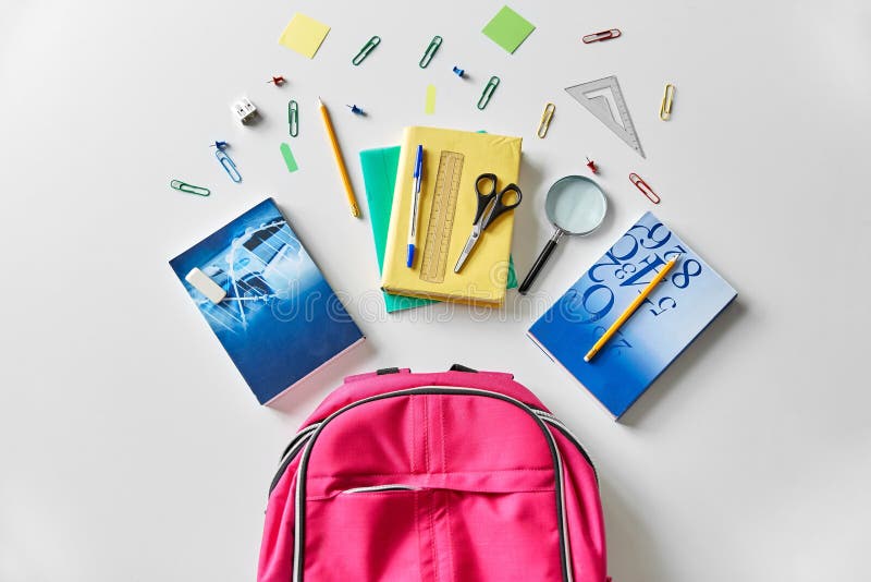 Pink Backpack with Books and School Supplies Stock Image - Image of ...