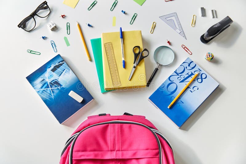 Pink Backpack with Books and School Supplies Stock Photo - Image of ...