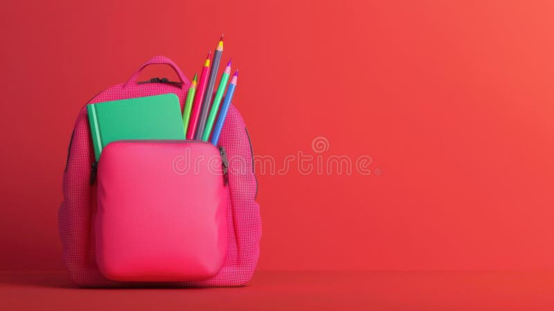 A Pink Backpack with a Green Book and a Bunch of Colored Pencils Stock ...