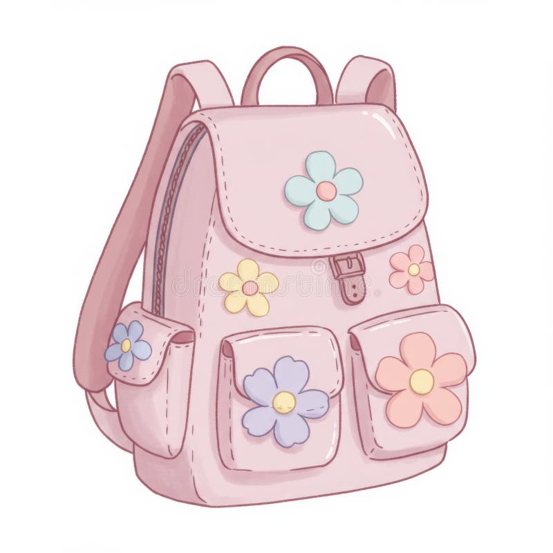 Pink Backpack with Pastel Flowers Illustration Stock Illustration ...