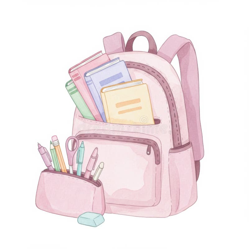 Pink Backpack Pastel School Supplies Illustration Stock Photos - Free ...
