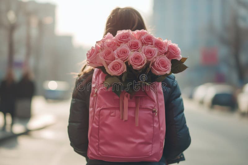 Pink Backpack with Roses stock image. Image of travel - 362657263
