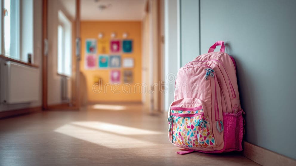 A Pink Backpack in a School Hallway, Ready for Class and Filled with ...
