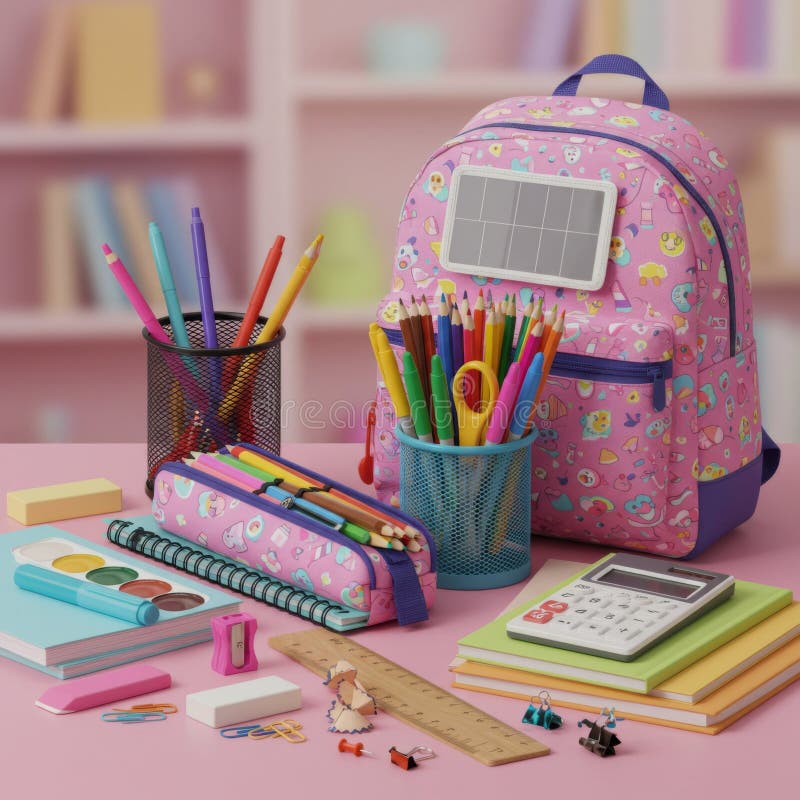 Pink Backpack and School Supplies on Desk Stock Illustration ...