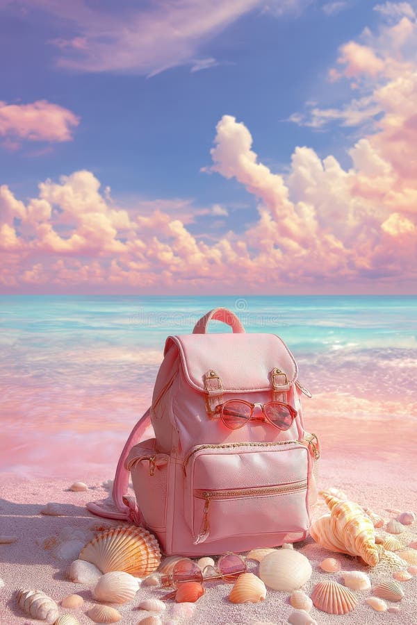 Pink Backpack, Sunglasses, and Seashells on a Sandy Beach Stock Photo ...