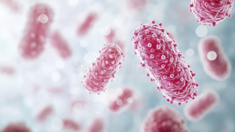 Pink Bacteria Float in Lab Setting. Microscopic Organisms in Motion in ...