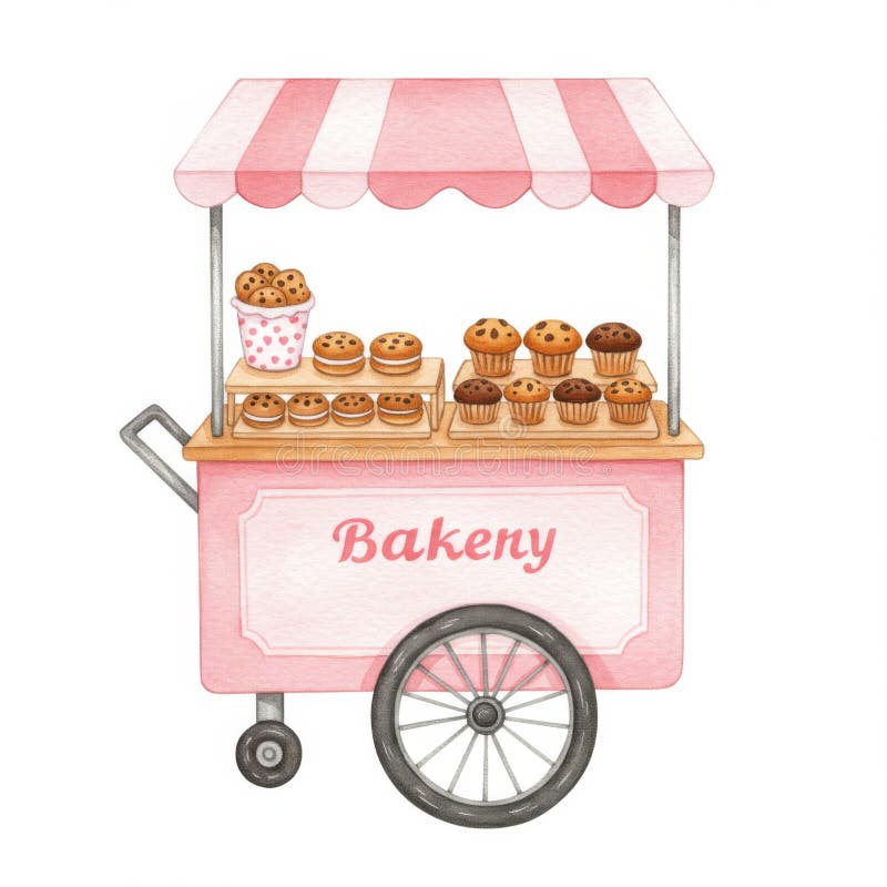 Pink Bakery Cart with Pastries and Cookies Stock Illustration ...