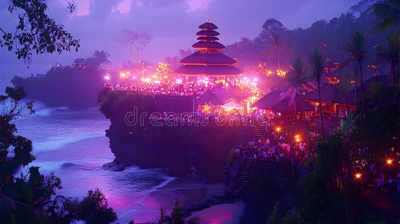 Pink Balinese Temple Ceremony at Sunset on Cliff Stock Illustration ...