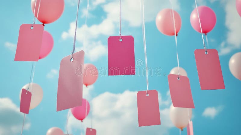 Colorful Pink Balloons and Blank Tags Hanging Against a Bright Blue Sky ...