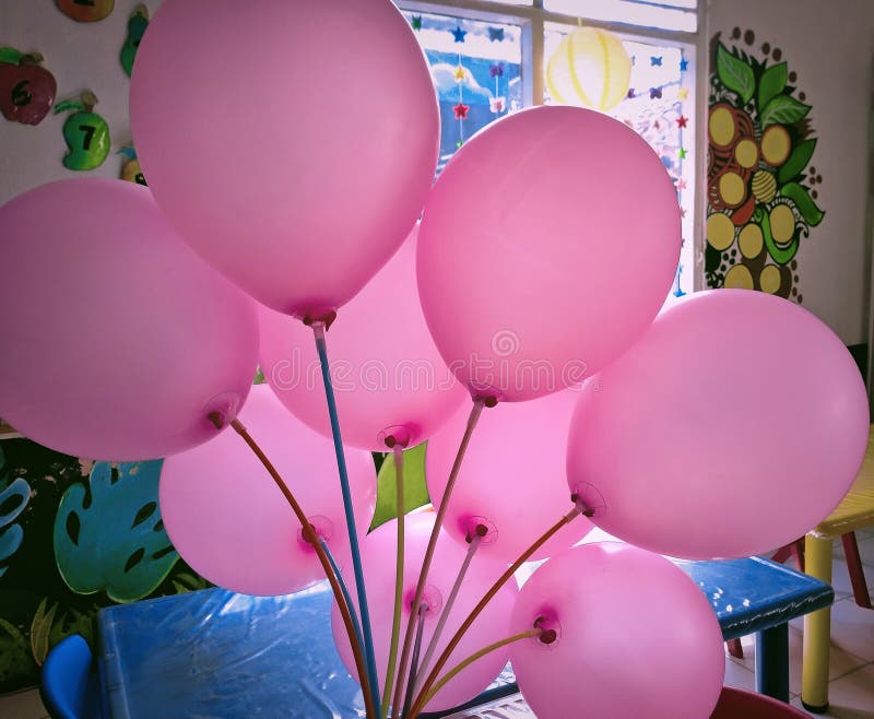 Pink Balloons in the Classroom Stock Photo - Image of classroom, color ...